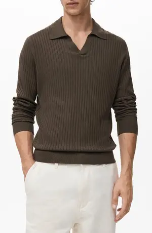 Mango Ribbed Polo Sweater - Khaki Green