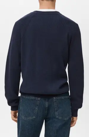 Mango Ribbed Cotton Blend Cardigan - Navy