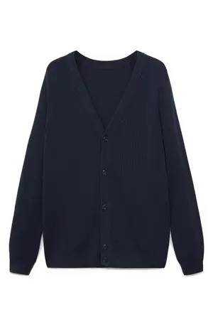 Mango Ribbed Cotton Blend Cardigan - Navy