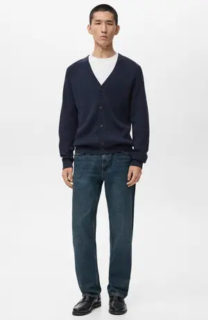 Mango Ribbed Cotton Blend Cardigan - Navy