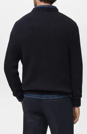 Mango Fine Rib Knit Cotton Crewneck Sweater - Navy