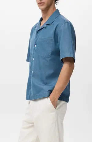 Mango Cotton Denim Camp Shirt - Indigo Blue