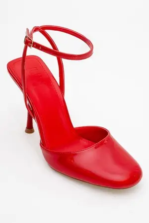 PROLOGUE SHOES Round Toe Ankle Strap Pumps - Red Patent