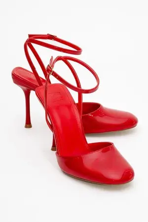 PROLOGUE SHOES Round Toe Ankle Strap Pumps - Red Patent