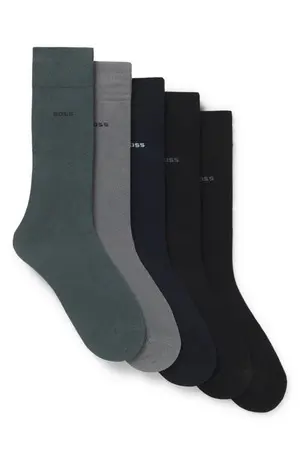 BOSS Solid Cotton Blend Dress Socks Pack Of 5 - Black/grey/green Assorted