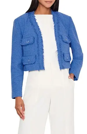 MILLY Serena Fringe Detail Cotton Blend Tweed Jacket - 5b6 Blue