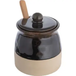 STORIED HOME Stoneware Sugar Pot With Lid And Wood Spoon - Black