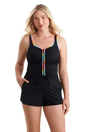 SHAPESOLVER SPORT Shirred Zipper One-piece Swimsuit - Ombre Sorbet