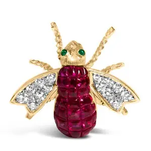 HAUS OF BRILLIANCE 18k Gold Diamond And Ruby Bumblebee Brooch Pin - Yellow