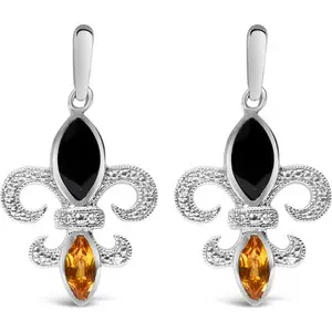 HAUS OF BRILLIANCE Silver Onyx Citrine And Diamond Fleur De Lis Drop Earrings - White
