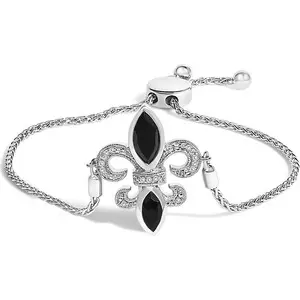 HAUS OF BRILLIANCE Silver Onyx And Diamond Lariat Bolo Bracelet - White