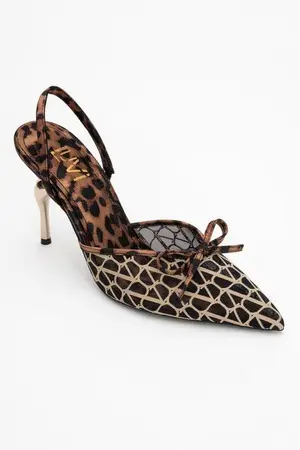 PROLOGUE SHOES Peony Mesh Bow Pointed Toe Pump Leopard Pattern