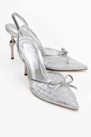 PROLOGUE SHOES Peony Mesh Bow Pointed Toe Pump - Silver Mesh