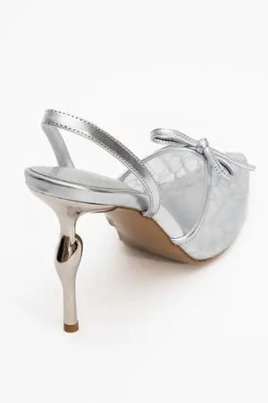 PROLOGUE SHOES Peony Mesh Bow Pointed Toe Pump - Silver Mesh