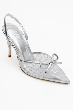 PROLOGUE SHOES Peony Mesh Bow Pointed Toe Pump - Silver Mesh