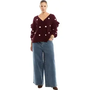 JUNE + VIE Ruffle-sleeve Polka Dot Cardigan