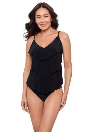 AQUA GREEN Triple Tier Adjustable Tankini Swimsuit Top - Black