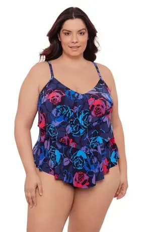 AQUA GREEN Triple Tier Adjustable Tankini Swimsuit Top - Rose Grows