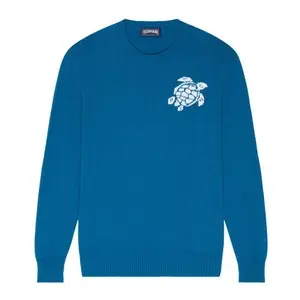 Vilebrequin Crewneck Cotton Cashmere Sweater With Jacquard Turtle - Peacock