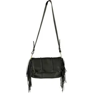 Carlos Falchi Mini Fringe Leather Foldover Crossbody Clutch - Black Obsidian