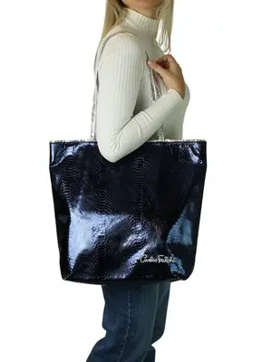Carlos Falchi Vegan Python Large Tote With Convertible Pouch - Navy