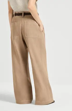 Brunello Cucinelli Wide Leg Cotton Twill Trousers - Desert