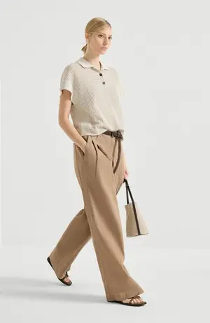 Brunello Cucinelli Wide Leg Cotton Twill Trousers - Desert