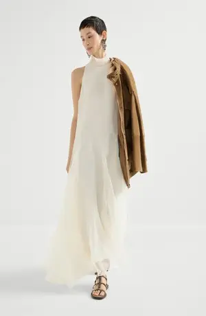 Brunello Cucinelli Crispy Silk Dress With Monili - Butter