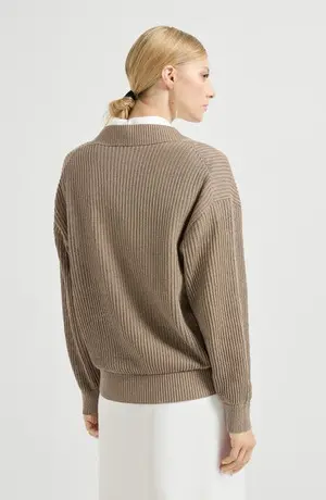 Brunello Cucinelli Ribbed Net V-neck Sweater - Walnut