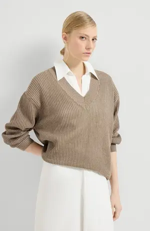 Brunello Cucinelli Ribbed Net V-neck Sweater - Walnut