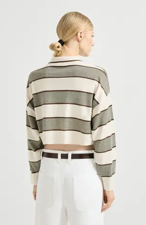 Brunello Cucinelli Cropped Knit Polo With Sparkling Stripes - Sage