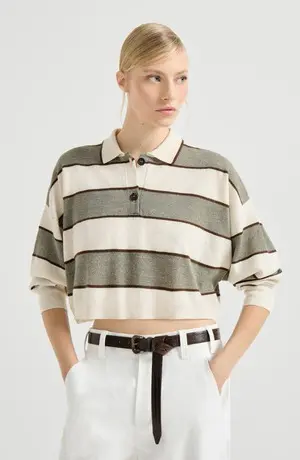 Brunello Cucinelli Cropped Knit Polo With Sparkling Stripes - Sage