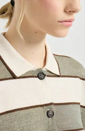 Brunello Cucinelli Cropped Knit Polo With Sparkling Stripes - Sage