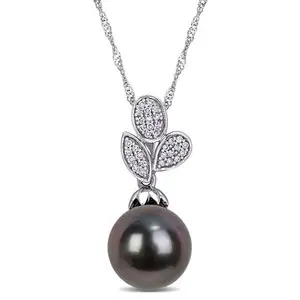 JULIANNA B. 10k White Gold Tahitian And Diamond Leaf Drop Necklace - Pearl