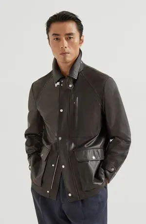 Brunello Cucinelli Calfskin Leather Field Jacket - Chocolate