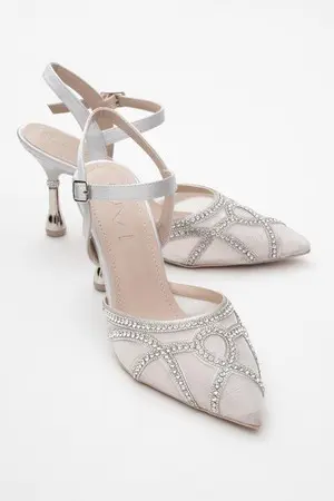 PROLOGUE SHOES Embellished Pointed Toe Pumps - Silver Satin