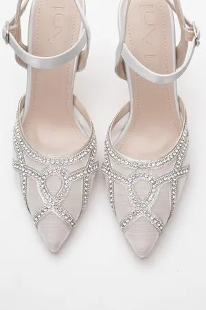 PROLOGUE SHOES Embellished Pointed Toe Pumps - Silver Satin