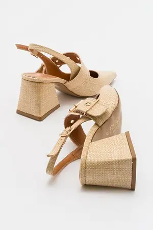 PROLOGUE SHOES Nepido Pointed Toe Block Heel Pumps - Beige