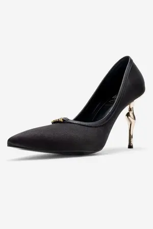 PROLOGUE SHOES Milos Buckle Pointed Toe Pump - Black Satin