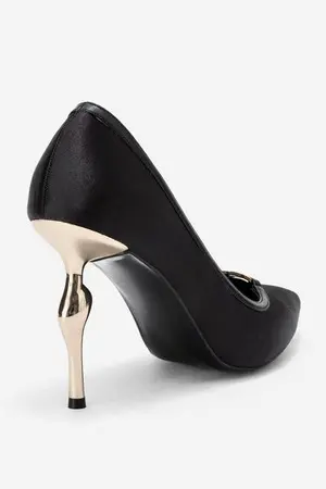 PROLOGUE SHOES Milos Buckle Pointed Toe Pump - Black Satin