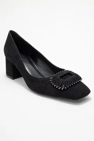 PROLOGUE SHOES Velora Buckle Square Toe Block Heel Pumps - Black Pattern
