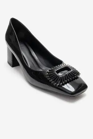 PROLOGUE SHOES Velora Buckle Square Toe Block Heel Pumps - Black Print