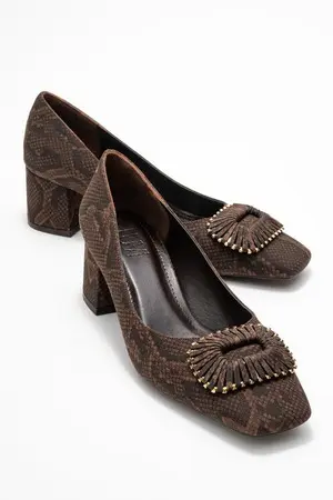 PROLOGUE SHOES Velora Buckle Square Toe Block Heel Pumps - Brown Pattern
