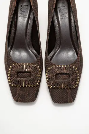 PROLOGUE SHOES Velora Buckle Square Toe Block Heel Pumps - Brown Pattern