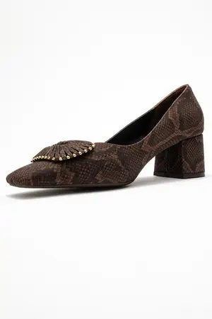 PROLOGUE SHOES Velora Buckle Square Toe Block Heel Pumps - Brown Pattern