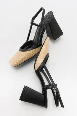 PROLOGUE SHOES Rivie Raffia Square Toe Block Heel Pumps - Black