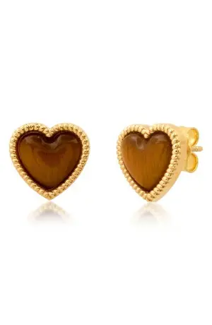 Established Stone Heart Stud Earrings - Tiger Eye