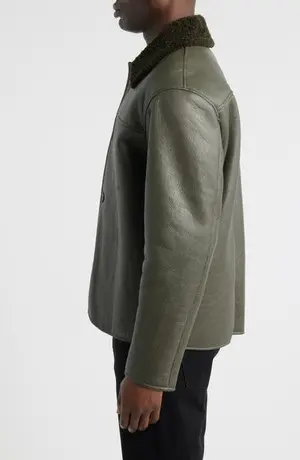 FRAME Leather Barn Jacket With Genuine Shearling Collar