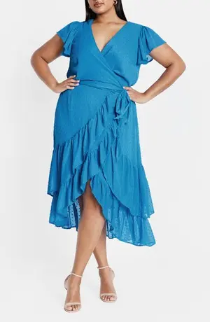 City Chic Dee Clip Dot Wrap Dress - Blue
