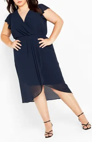 City Chic Faux Wrap Sheath Dress - True Navy